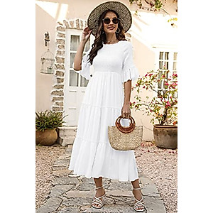 LILLUSORY Womens Summer Dresses Graduation Bridal Shower Flowy Smocked Ruffle Boho Modest 2023 Long Sundresses Trendy Casual Sun Dress with Sleeves White