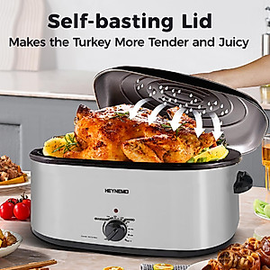 20qt Turkey Roaster Oven, 24lb Electric Roaster w/Self-Basting Lid and Removable Pan & Rack, 150°F-450°F Temperature Controls, Electric Roaster Oven for Roasting, Grilling, Baking，Easy Clean, Silver