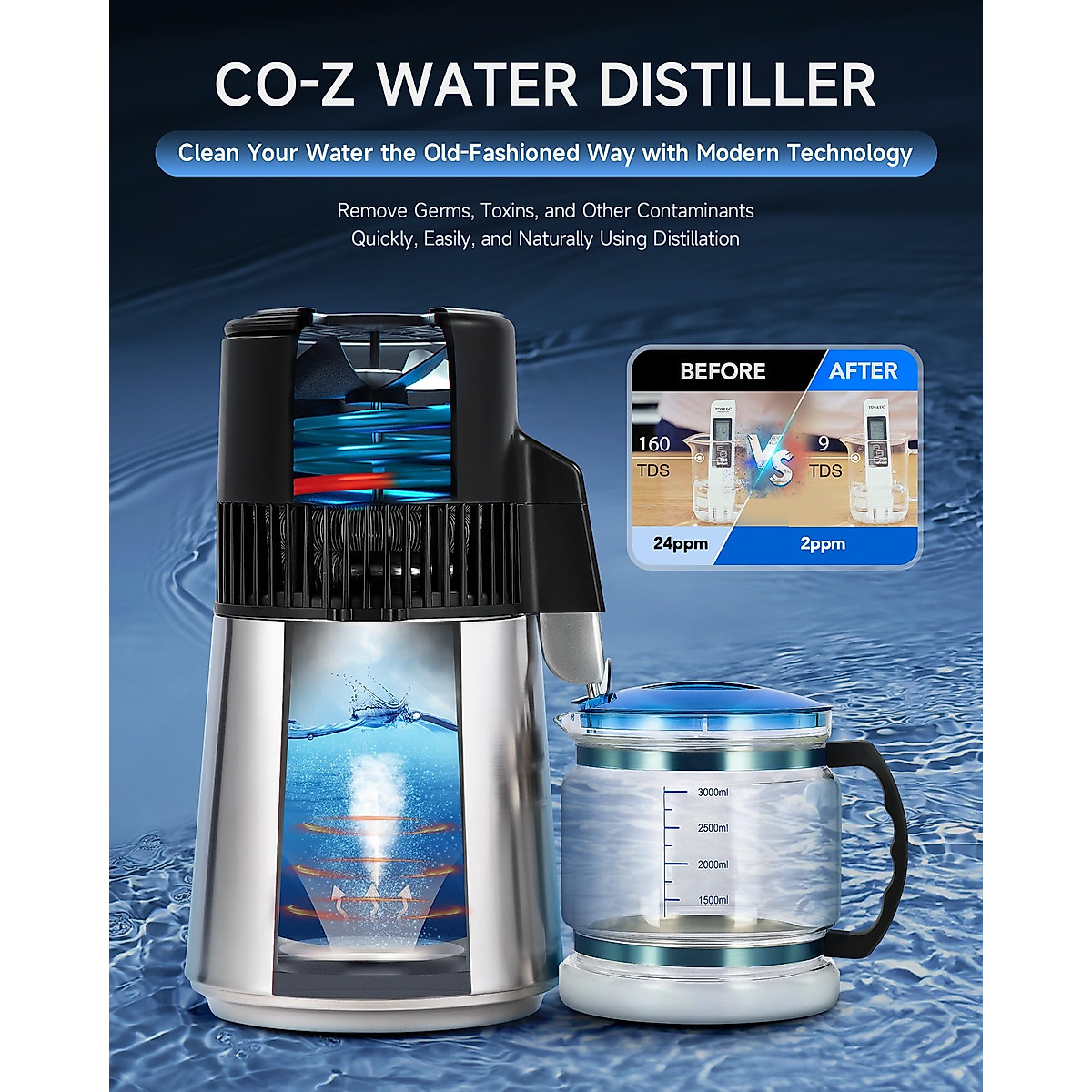 CO-Z Water Distiller for Home, 1350W 4L Distilled Water Machine for CPAP Machine with Control Panel & Glass Container, 1.1 Gal. Stainless Steel Water Distilling Equipment with Essential Oil Wine Modes