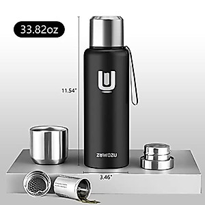ZUWOZU Coffee Thermos Water Bottle, 32oz Insulated Water Bottle with Handle, Double Walled Vaccum, 18/10 Stainless Steel Water Bottles for School (Black, 32oz)