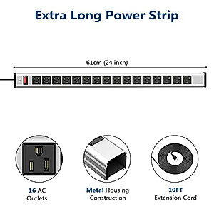 Metal 16 Outlet Power Strip, Extra Long Power Strip With10ft Cord, BTU Heavy Duty Power Strip Wall Mount, Garage Power Strip with Switch for Work Shop, Workbench Industrial Commercial Use (Silver)