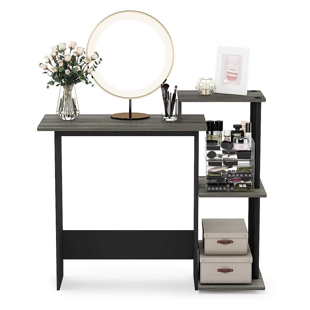 Furinno Efficient Home Laptop Notebook Computer Desk with Square Shelves, French Oak/Black