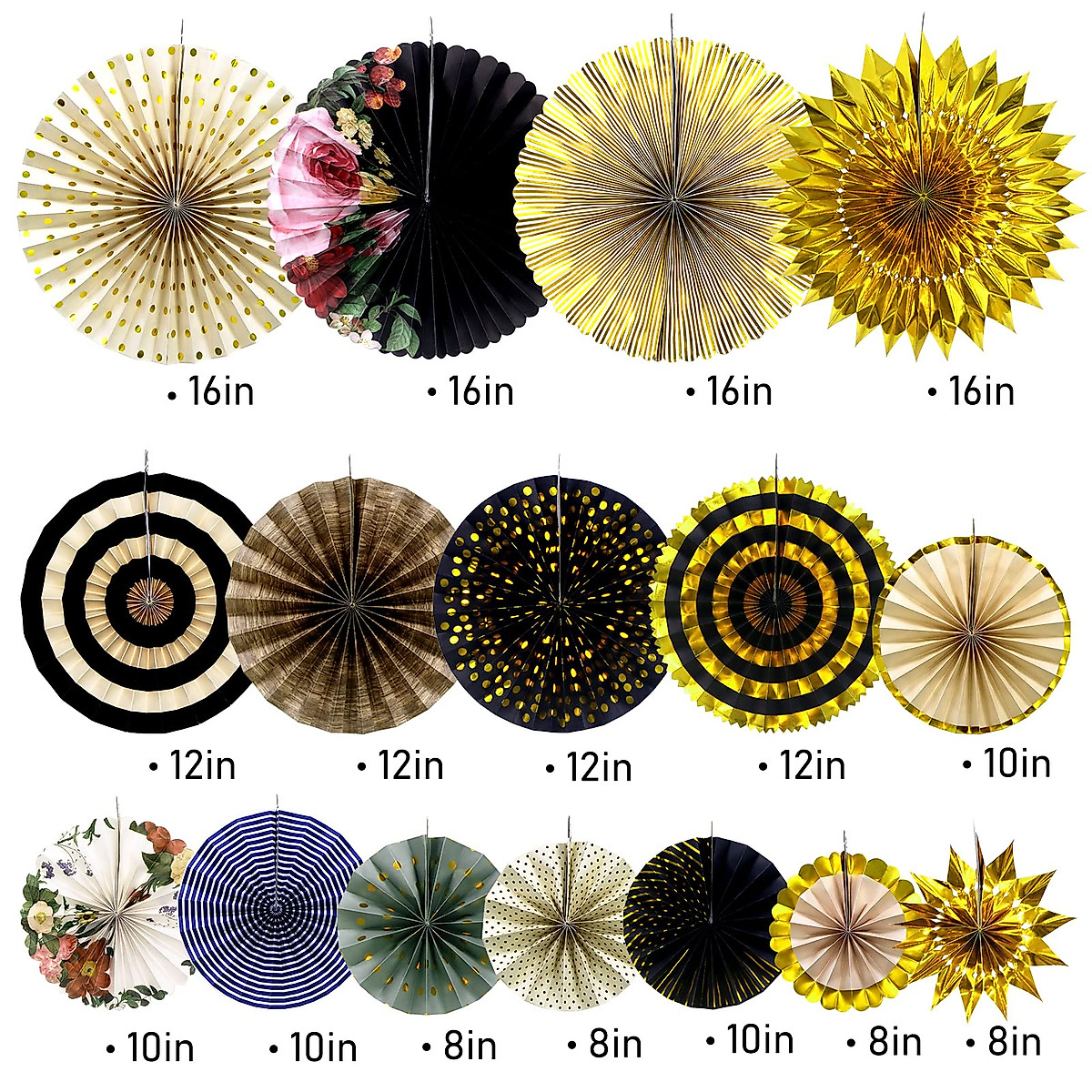 ADLKGG Party Hanging Paper Fans Set, Black Gold Round Pattern Paper Garlands Decoration for Birthday Wedding Bridal shower Graduation Events Accessories, Set of 16