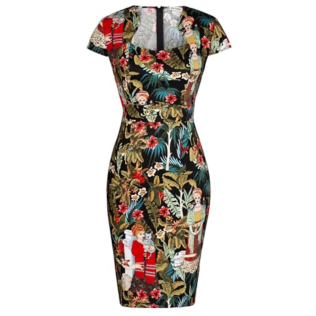 Womens Dress Retro 50s 60s Printed Leaves Pencil Dress Cap Sleeve Bodycon Dress