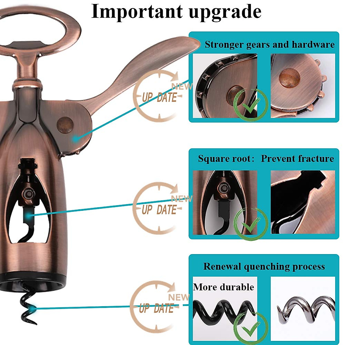 OBALY Wing Corkscrew， Wine Bottle Opener Set of 3 Pieces, Equipped with Bronze Multi-Functional Bottle Opener, Wine Stopper and a Foil Cutter