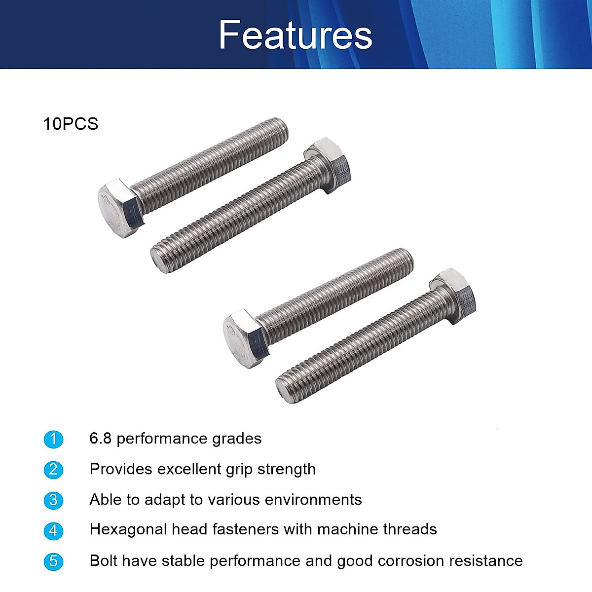 Juvielich M10x60mm Hex Head Screw Bolts 304 Stainless Steel Fully Threaded Hex Tap Bolts Silver Tone 10PCS