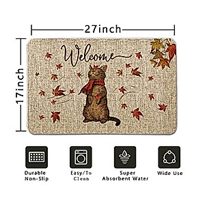 GAGEC Fall Welcome Door Mat Cat Outdoor Rug Maple Leaf Doormat Entrance Rugs Autumn Farmhouse Home Kitchen Bathroom Decorations Floor Front Door Mats 17 x 27 Inch