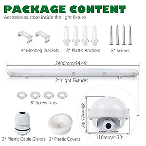 BRILLIHOOD 8FT LED Vapor Tight Light Fixture, 90W, 10800LM, IP65 Waterproof Shop Light, 6000K Bright White, Milky Lens, Outdoor Vapor Proof Lighting for Parking Garage Carport Car Wash, 2-Pack