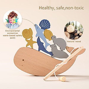 Wooden Stacking Marine Animals Toys for Kids 3-5, Magnetic Fishing Toys, 9 Piece Balance Toy Stacking Toys Gifts for 3 4 5 Year Old Childrens Montessori Toys for Boys & Girls, Fine Motor Skills