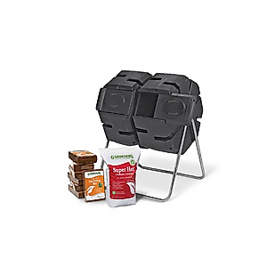 Gardeners Supply Company Compost Tumbler Success Kit | Heavy Duty Dual Rotating Batch Compost Bin Organic Waste Tumbling Mixer | Includes Super Hot Compost Starter & Eco Coir Potting Mix Bricks