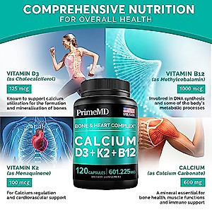 4-in-1 Calcium Supplements for Women & Men - Calcium 600mg with Vitamin D3 K2 B12 - Vitamin D3 K2 5000 IU Supplement for Heart, Bone & Immune Support - Gluten-Free, Non-GMO, Vegan Friendly (120 count)