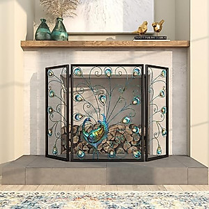 Deco 79 Metal Peacock Fireplace Screen Rainbow 3 Panel with Crystal Accents and Black Frame, 48" x 1" x 32", Blue