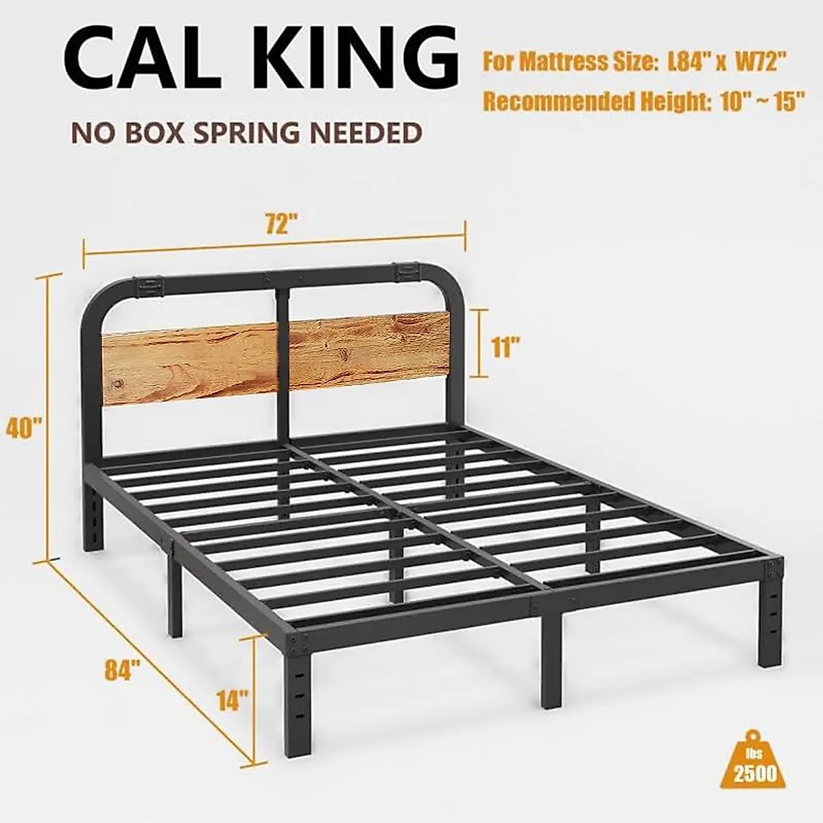 Aardhen California King Bed Frame 14 Inch Rustic Wood Headboard, Heavy Duty Steel Slats Support, Easy Assembly, No Box Spring Needed, Quiet and Sturdy