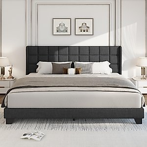 WEEWAY King Size Wingback Upholstered Platform Bed Frame with Box-tufted Stitched Headboard and Wooden Slats/No Box Spring Needed/Easy Assembly, Dark Grey