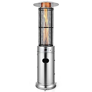 COSTWAY Outdoor Propane Patio Heater, 40,000 BTU Propane Heater with Dancing Flame, Portable Wheels, Stainless Steel Pyramid Floor-Standing Outdoor Heater for Balcony Backyard Garden, Silver