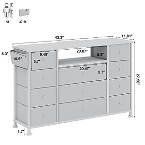 WODRAWER White Dresser with Power Outlets and LED Lights, Dresser for Bedroom with 11 Drawers, Dressers & Chests of Drawers with Side Pockets, Fabric Storage Organizer