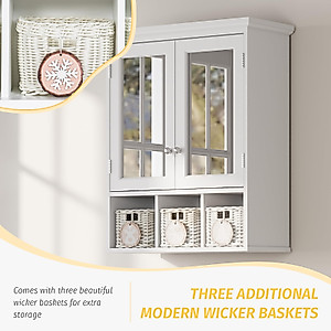 VKTO Bathroom Wall Cabinet with Mirrors,Wall-Mounted Storage Organizer Over Toilet with 3 Storage Baskets and 2 Adjustable Shelves, Bathroom Mirror Medicine Cabinet for Bathroom, Kitchen,White