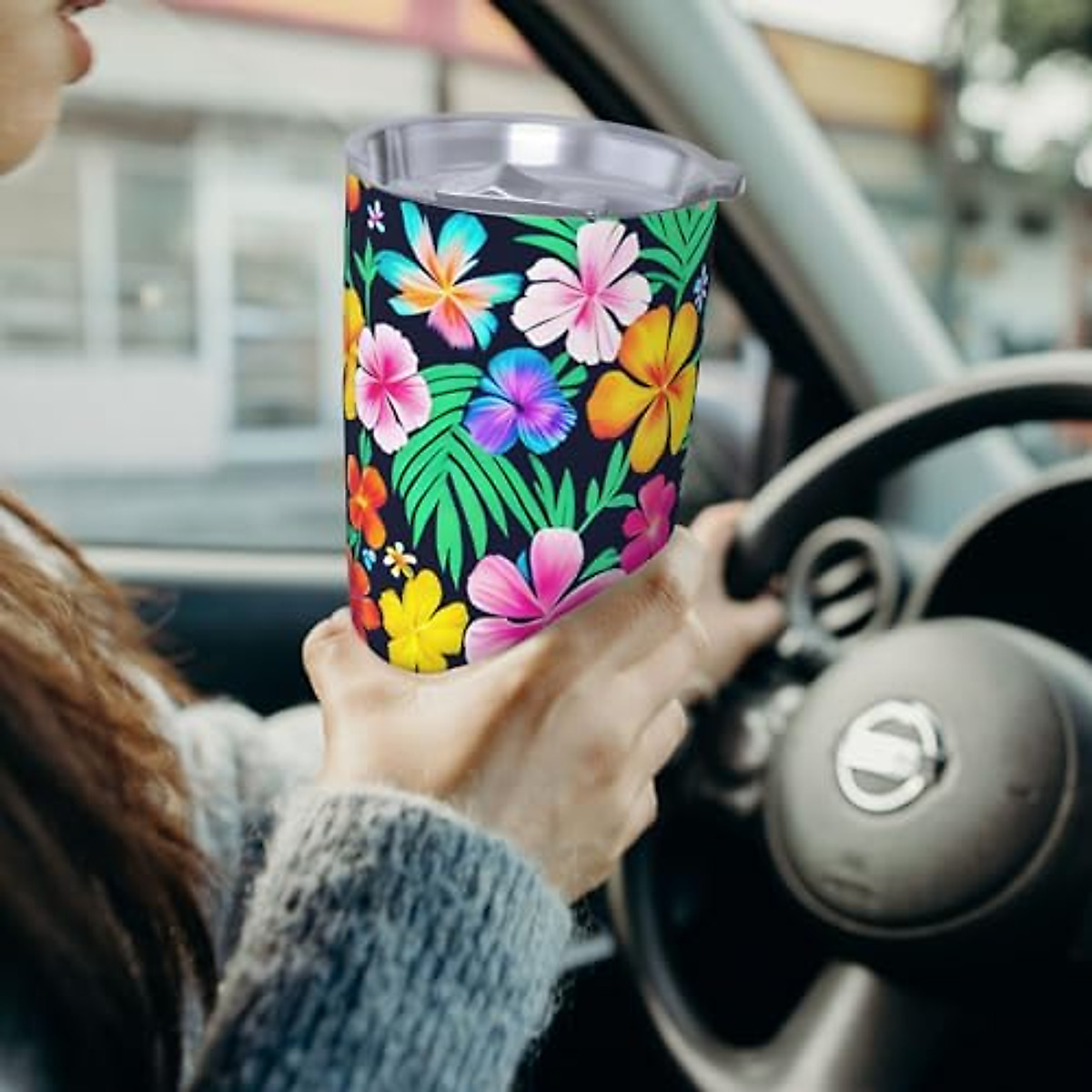WXZYFP Car cup (single silver rim), can use a straw or drink directly, easy to use.Colorful flowers