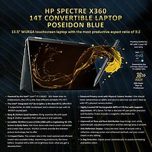 HP Spectre x360 Luxury 14T, 13.5" 3:2 WUXGA Touch, Intel i7-1165G7, 16GB RAM, 1TB SSD, Win 11 Pro, Bang&Olufsen Quad Speakers, Fingerprint, Tilt Pen, Poseidon Blue, 64GB TechWarehouse Flash Drive