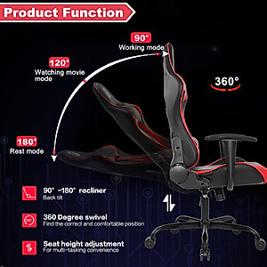 GOTMINSI Computer Gaming Chair with Headrest and Lumbar Cushion, Ergonomic Gaming Chair Office Chair 290lbs for Adults, Video Game Chairs Racing Chair High Back Leather Adjustable, (BK/Red)