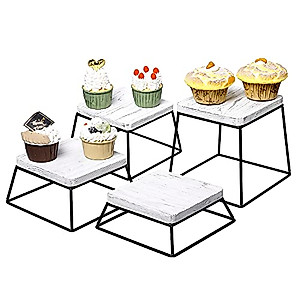 MyGift Cake Display Stand, Whitewashed Wood & Black Metal Square Cupcake Stands Dessert Risers/Retail Display Pedestals, Set of 4