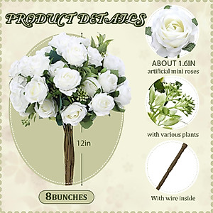 Zeyune 8 Pack 12 Inch Valentine‘s Day Artificial Rose Bouquet Silk Flowers Bunches Bulk Fake for Wedding Bridal Home Office Garden Parties Decoration (White)
