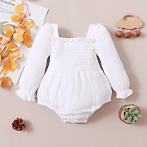 Socutebabe Baby Girl Vintage Bubble Romper Onesie Long Sleeve Ruffle Jumpsuit Bodysuit Princess Outfit Boho Clothes (White,12-18 Months)