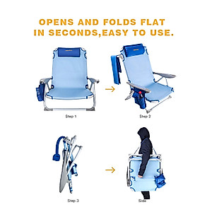 #WEJOY Folding Beach Chair for Adults, 4-Position Lightweight Beach Chair, Low Beach Chairs with Shoulder Strap, Cup Holder and Headrest, Supports 265lbs for Beach Lawn (Blue)