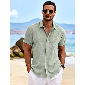COOFANDY Men's Linen Casual Button up Shirt Slim Fit Free Wrinkle Untucked Shirts Light Green