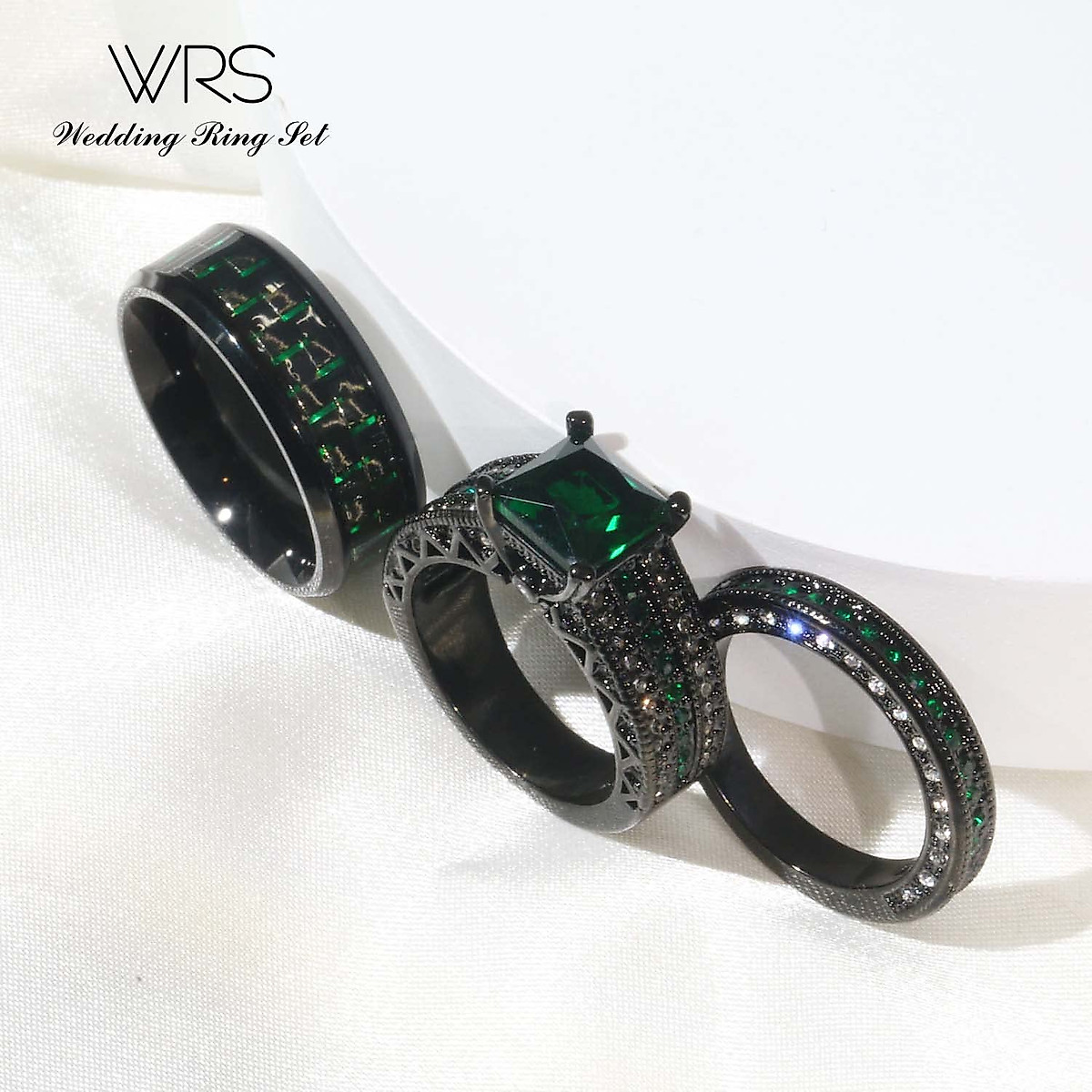 Two Rings His Hers Wedding Ring Sets Couples Matching Rings Women's Black Gold Filled Green CZ Wedding Engagement Ring Bridal Sets Men's Stainless Steel Wedding Band