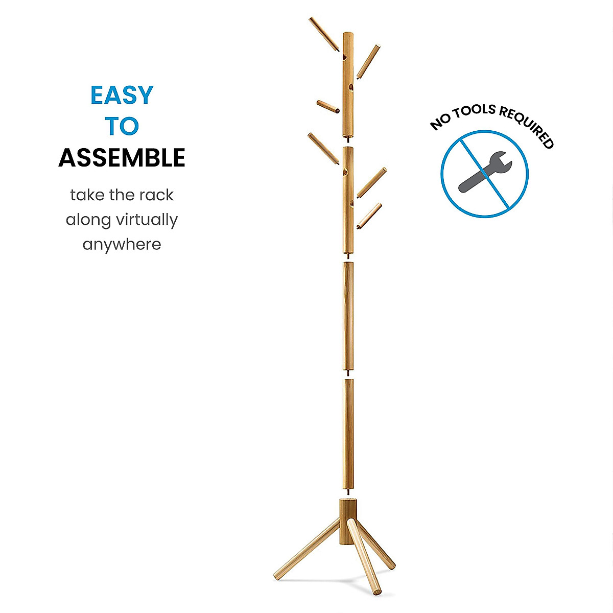 ZOBER Coat Rack Free Standing - Wooden Coat Tree W/ 6 Hooks - Coats, Purses, Hats - Adjustable Sizes, Easy Assembly - Natural