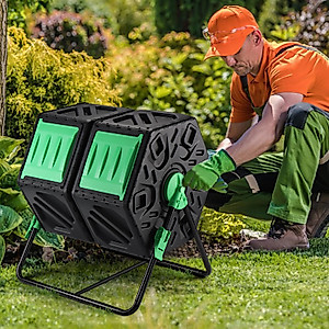 Compost Tumbler Dual Chamber, Rotating Composter Tumblers, 2x18.5 Gallon Composting Bin Outdoor, Waste Food Reuse, Heavy Duty for Garden Patio Easy Turning