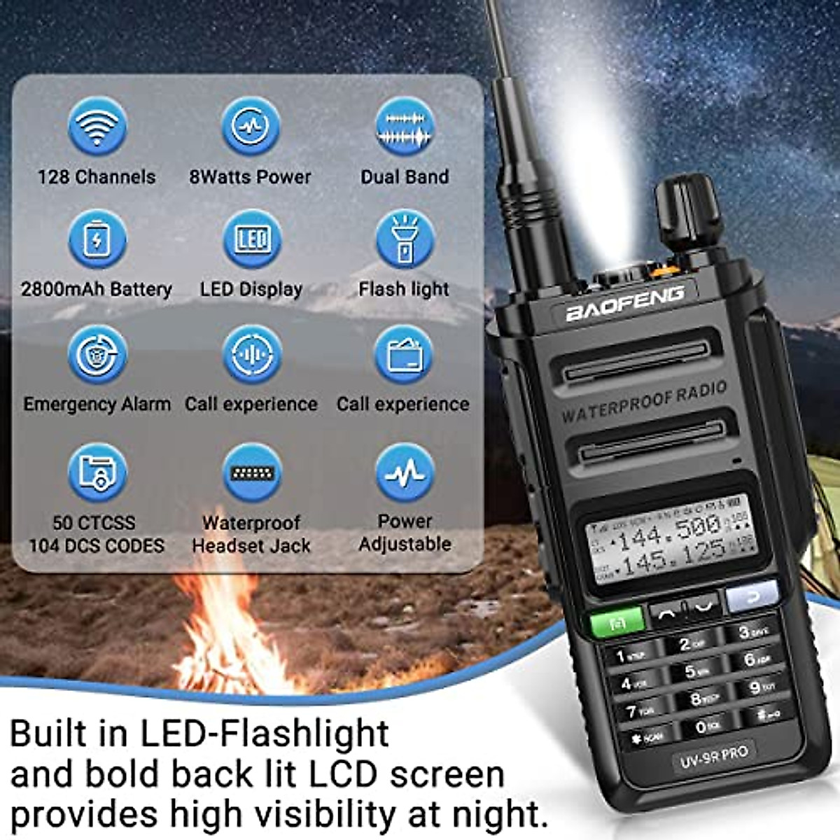 2Pack BAOFENG UV-9R PRO Tri-Power Dual Band IP67 Waterproof Two-Way Radio Long Range Rechargeable Walkie Talkie with Extra ABBREE 42.5inch Tactical Antenna