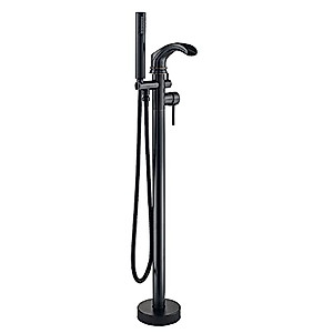 Votamuta Modern Dual Function Floor Mount Tub Filler Freestanding Bathtub Faucet Oil Rubbed Bronze Waterfall High Flow Standing Tub Faucets With Hand Shower Head Mixer Taps