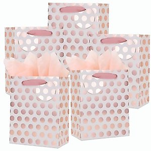 UNIQOOO 12PCS Christmas Metallic Rose Gold Gift Bags Bulk with Tag, Medium 9x7 Inch, Modern Pink Polka Dots Foil Paper Wrap Bags, for Wedding, Birthday, Valentine's Day, Mother's Day Gift Packaging Décor Party Favor