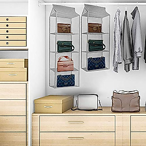 souG 2 Pack Hanging Handbag Purse Organizer for Closet, Purse Bag Storage Holder for Wardrobe Close with 1pcs 4 Shelves Space and 1pcs 3 Shelves Space Saving Purse Organizers System (Grey)