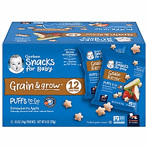 Gerber Snacks for Baby Grain & Grow Puffs To Go, Strawberry Apple, Non-GMO Puffed Grain Baby Snack for Crawlers, Pack of 1 Box