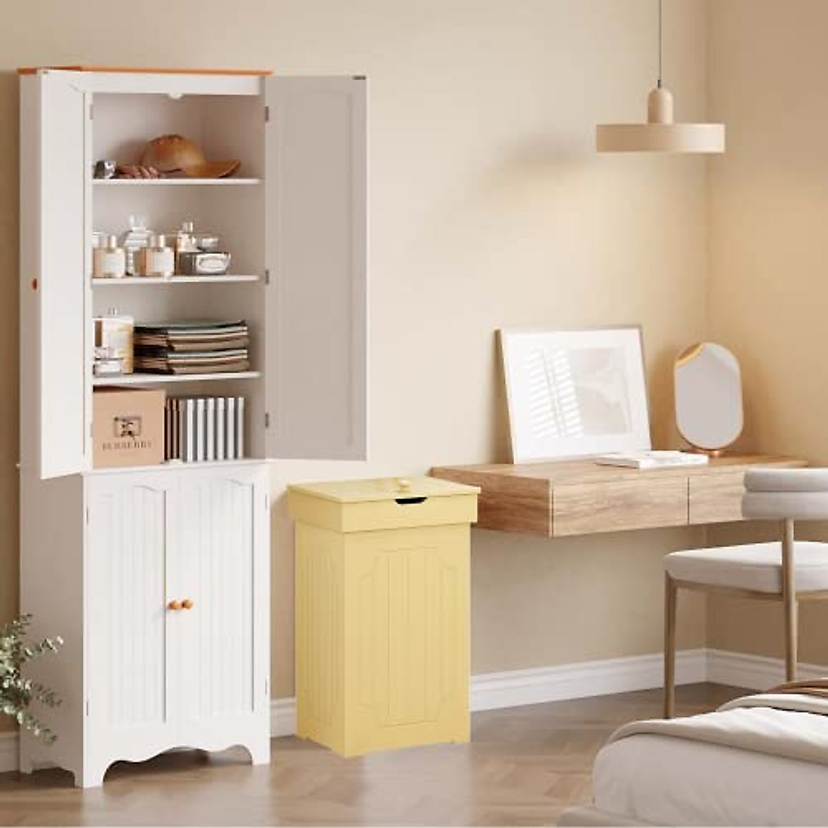 Function Home Trash Can Cabinet, 23 Gallon Kitchen Garbage Can, Wooden Recycling Trash Bin, Freestanding Dog Proof Trash Can, Farmhouse Trash Cabinet with Lid for Home Kitchen Bathroom, Yellow