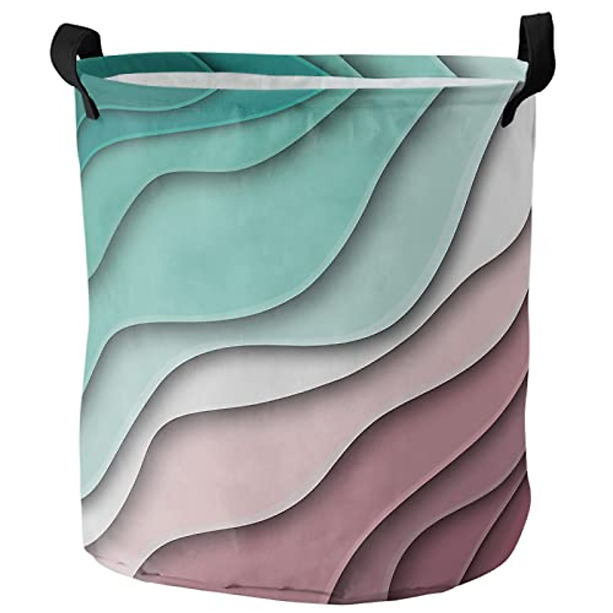 Laundry Basket Turquoise Pink Gradient Beach,Waterproof Collapsible Clothes Hamper Modern Abstract Geometric Art,Large Storage Bag for Bedroom Bathroom 16.5x17In