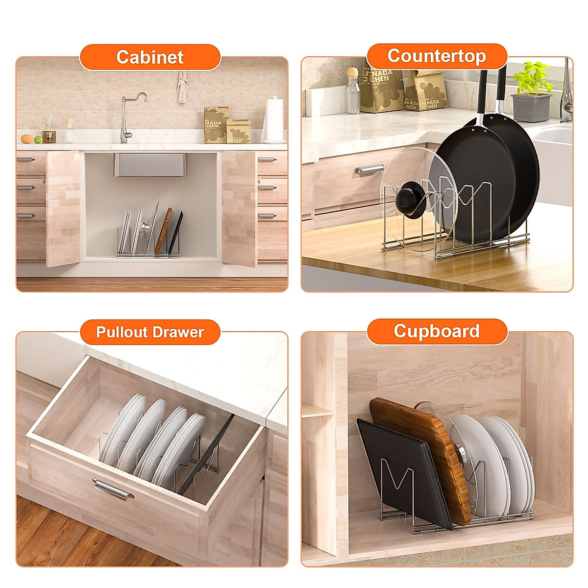 3 Pack Pot Lid Organizer for Cabinet, Stainless Steel Pot Lid Rack with Anti-slip Pad, Lid Holder for Pans Pots, Bakeware, Plates, Cookie Sheets, Trays, Dish, Cutting Boards, Silver