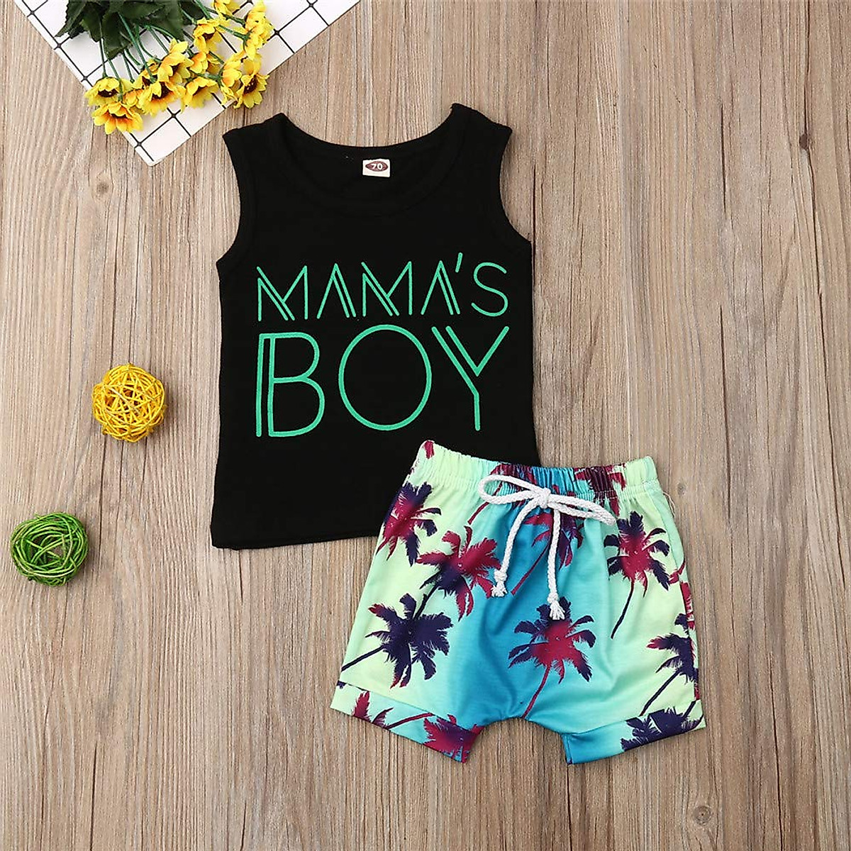FYBITBO 2Pcs Baby Boys Summer Clothing Sets Cute Letters Print Sleeveless Tank Tops T-Shirt+Palm Shorts Outfits (Black, 12-18 Months)