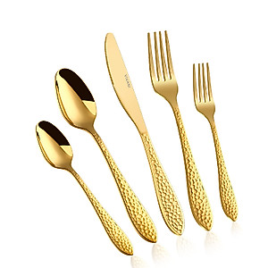 VIVANI Arlox 40-Piece Gold Vintage Silverware Set, Hammered Gold Flatware Set for 8, Stainless Steel Gold Utensils Cutlery Set, Mirror Polished, Dishwasher Safe