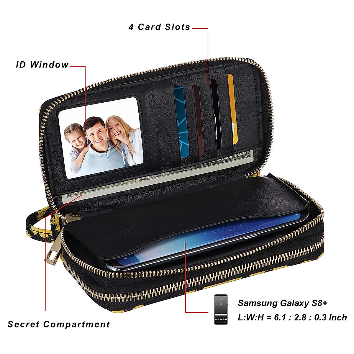 HAWEE Cellphone Wallet for Women Dual Zipper Long Purse with Removable Wristlet, Sunflower