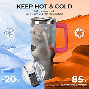LLUTSNTH 40 Oz Vacuum Tumbler with Light Rose Red Handle Leakproof Insulated Tumbler Cute White Cat Stainless Steel Travel Mug with Lid And Straw Coffee Cup Cute Water Bottles Cup Holder Friendly