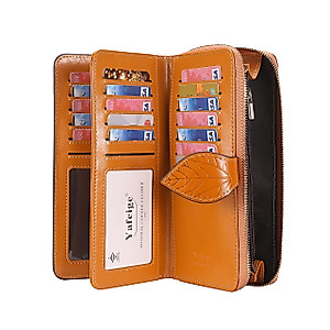 Yafeige Large Luxury Women's RFID Blocking Tri-fold Leather Wallet Zipper Ladies Clutch Purse(1-Waxed Brown)