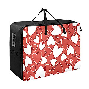 OTVEE Storage Bag Organizer King Size with Reinforced Handle Valentine's Day White And Red Hearts On Background Printed Firm Fabric Strong Zipper Foldable Space Saver for Clothes, Quilts, Blankets,Dol