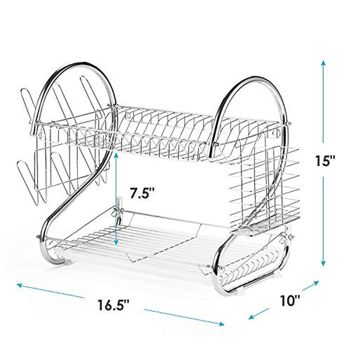 Glotoch 2-Tier Full Sized Dish Drying Rack with Utensil Holder and Cup Holder with Dish Water Drain Board Tray Rustproof Chrome Plating 16.5 x 10 x 15 Inches Storage Space Saving Kitchen Organizer