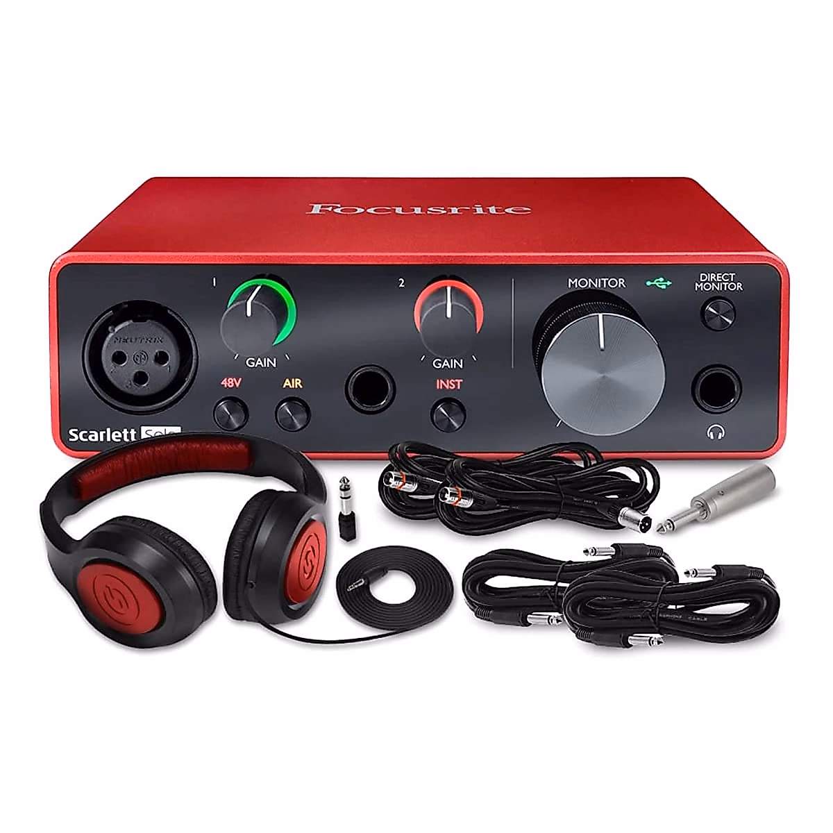 Focusrite Scarlett Solo USB Audio Interface (3nd Generation) + Professional Monitoring Headphones, Cables and Deluxe Accessory Bundle