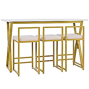 Harper & Bright Designs Modern 4-Piece Counter Height Dining Table Set, Extra Long Console Bar Kitchen and Dining Room Table Set with 3 Padded Stools for Small Places, Gold+White
