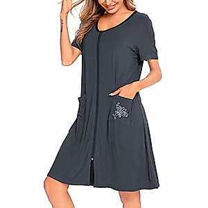 SWOMOG Women Zipper Front House Coat Short House Dress Duster Lightweight Nightwear Summer Bathrobe Knee Length Sleepwear with Pockets